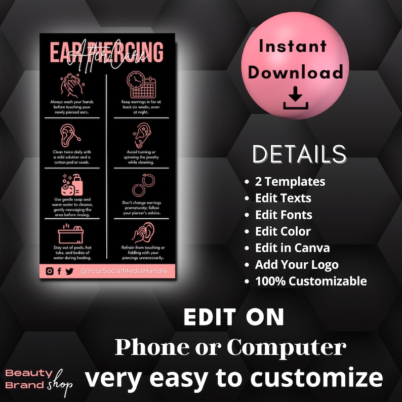 Ear Piercing Aftercare Template Editable Piercing Guide Card - Etsy