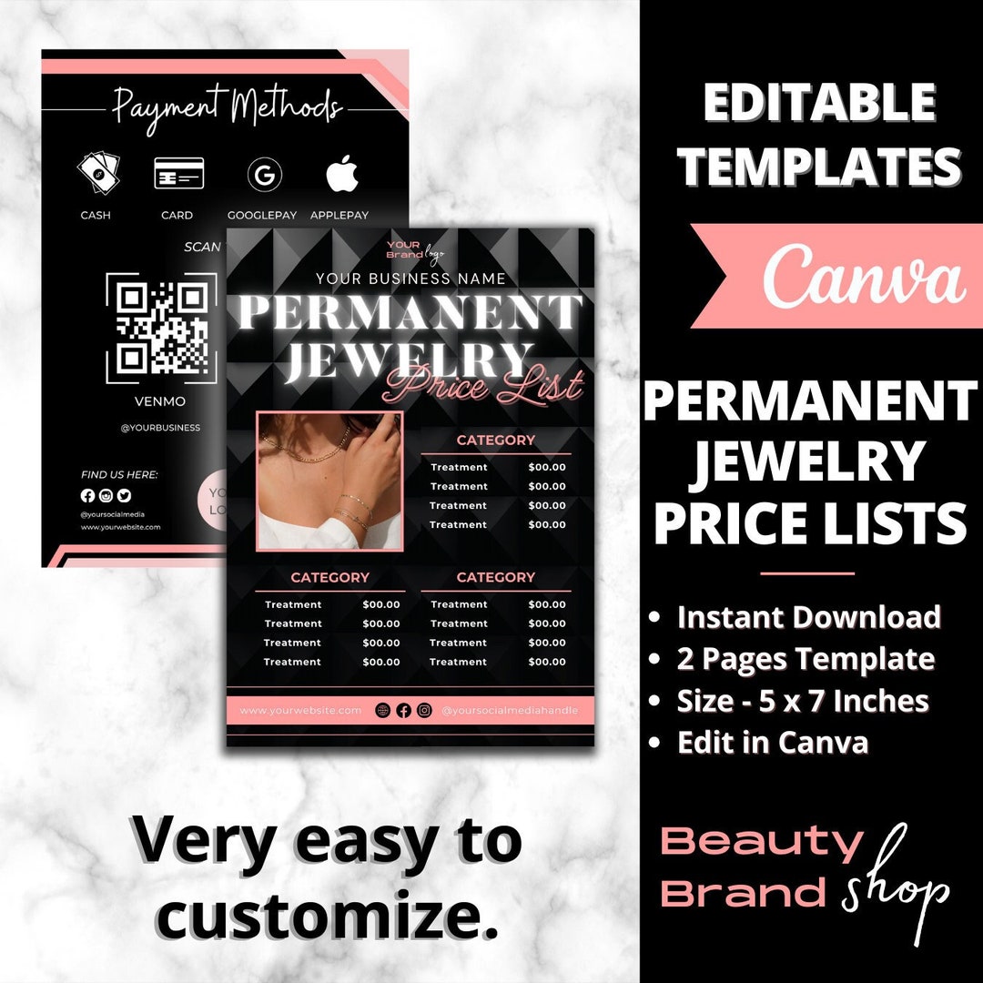 Editable Permanent Jewelry Price Lists, Printable Price List Design ...