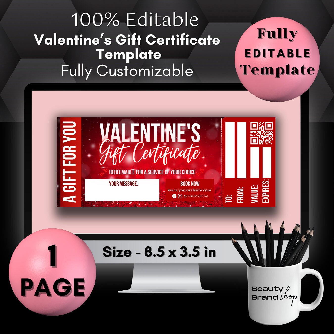 Valentines Gift Certificate Template, Printable Gift Voucher, Editable ...