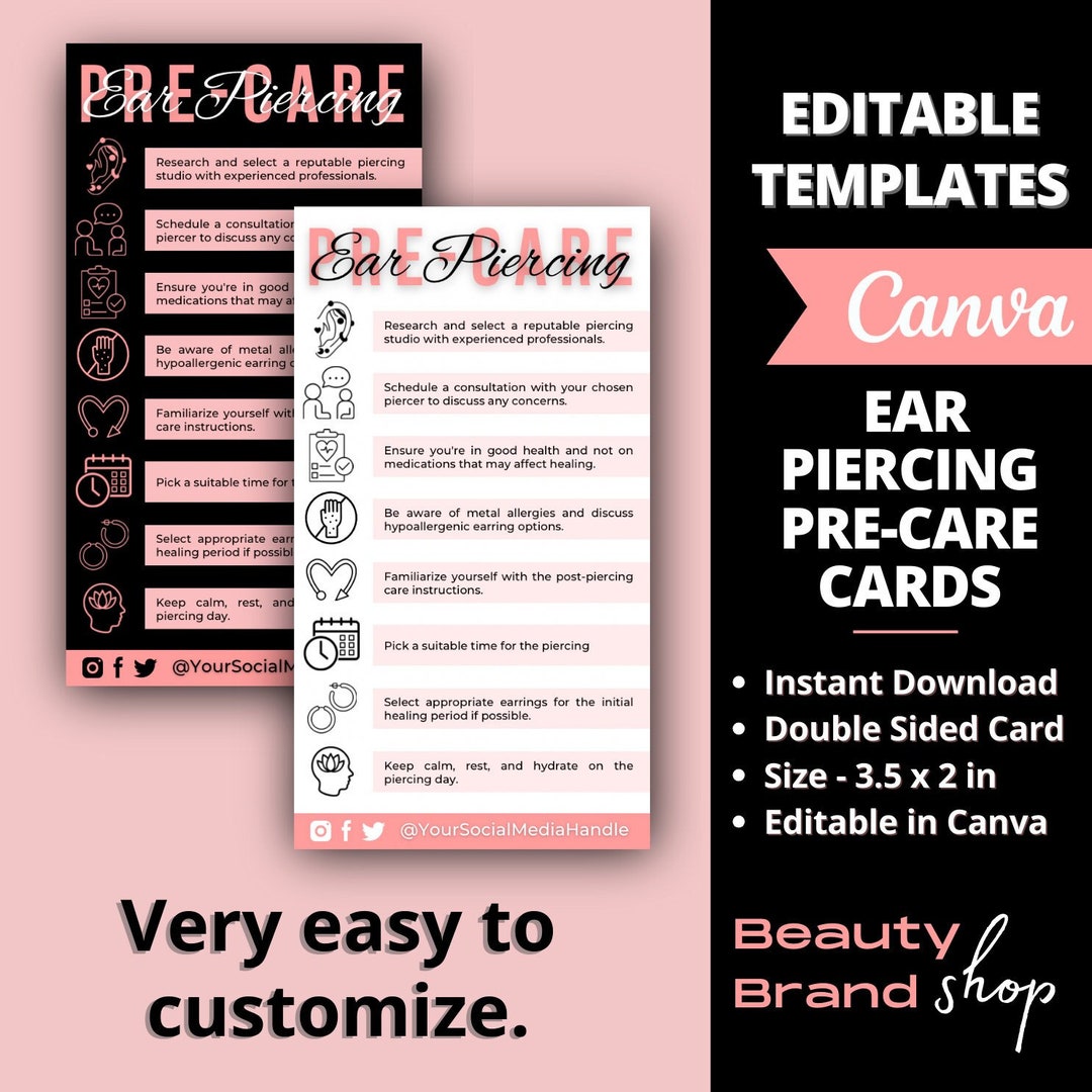 Ear Piercing Aftercare Template, Editable Piercing Guide Card, Piercing ...
