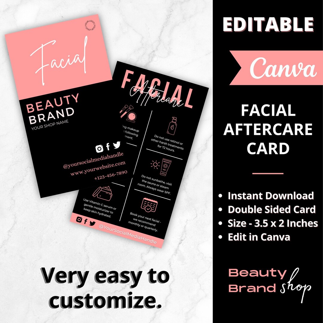 Facial Care Card Template, Editable Facial Aftercare Card, Facial ...