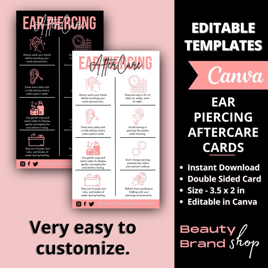 Ear Piercing Aftercare Template, Editable Piercing Guide Card, Piercing ...