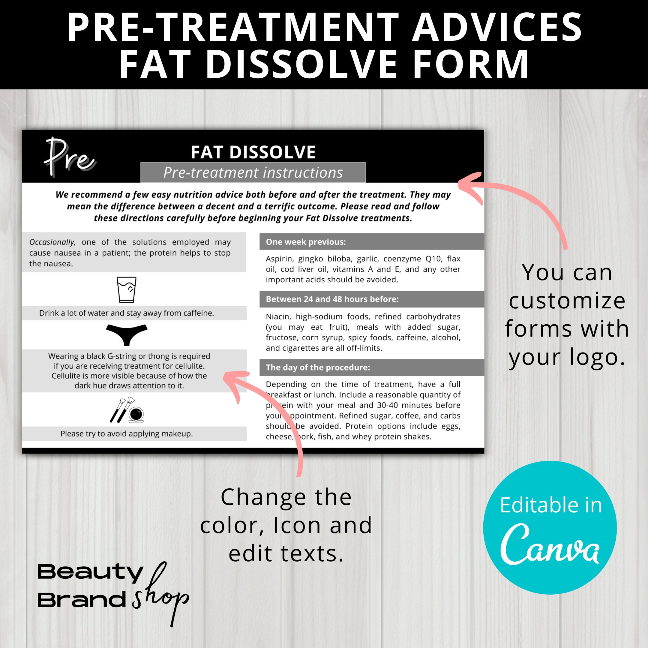 Pre-treatment Advices, Pre Care Card, Fat Dissolving Form, Fat Dissolve ...