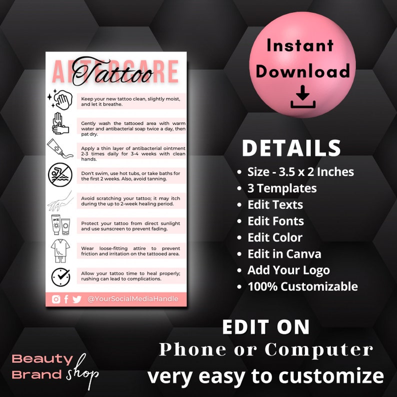 Tattoo Aftercare Card Template With Icons, Editable Care Card, Tattoo ...