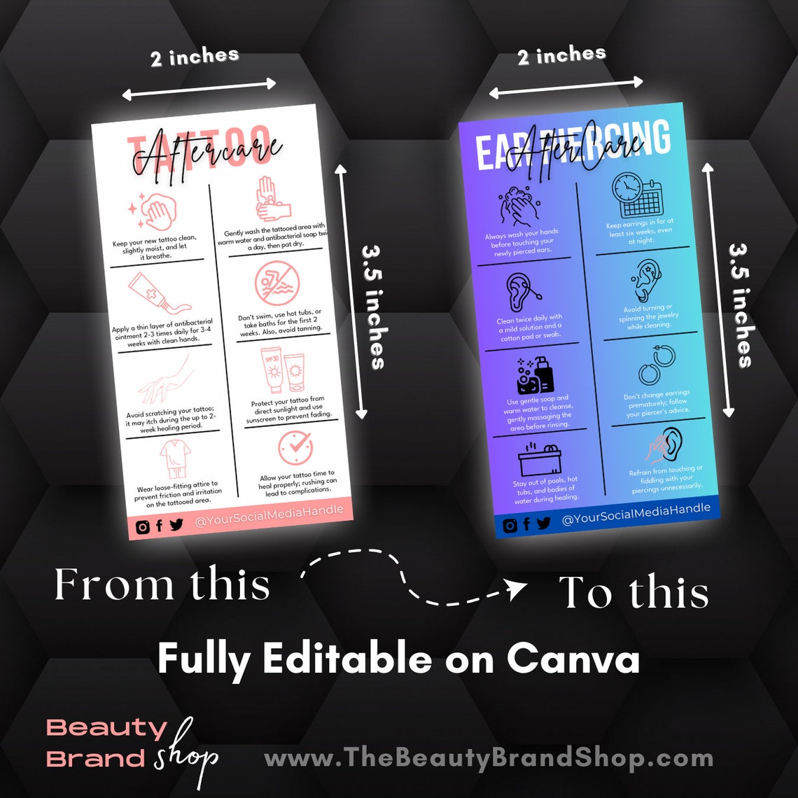 Tattoo Aftercare Cards Template With Icons, Editable Care Card, Tattoo ...