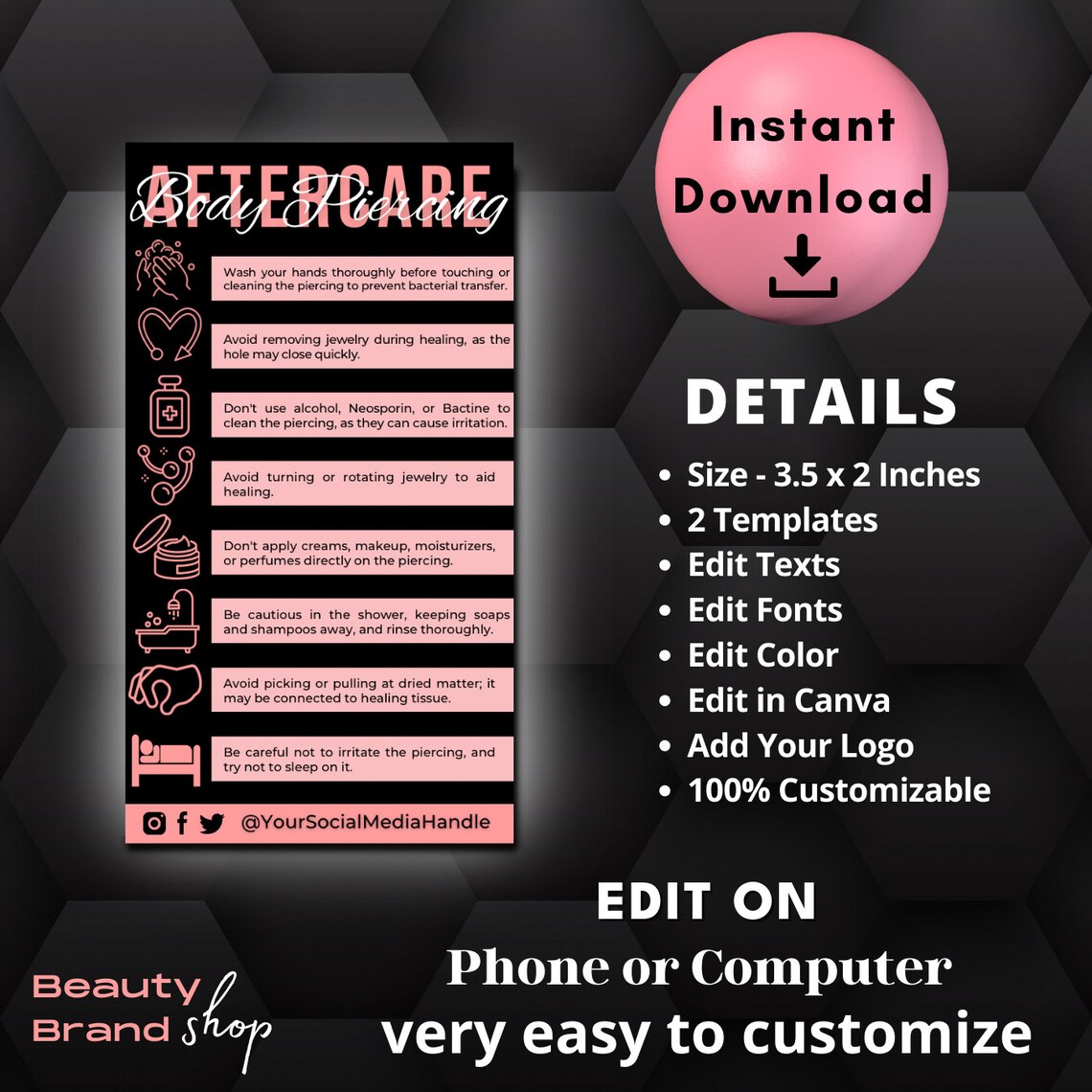 Body Piercing Aftercare Card, Body Piercing Care Card, Piercing After ...