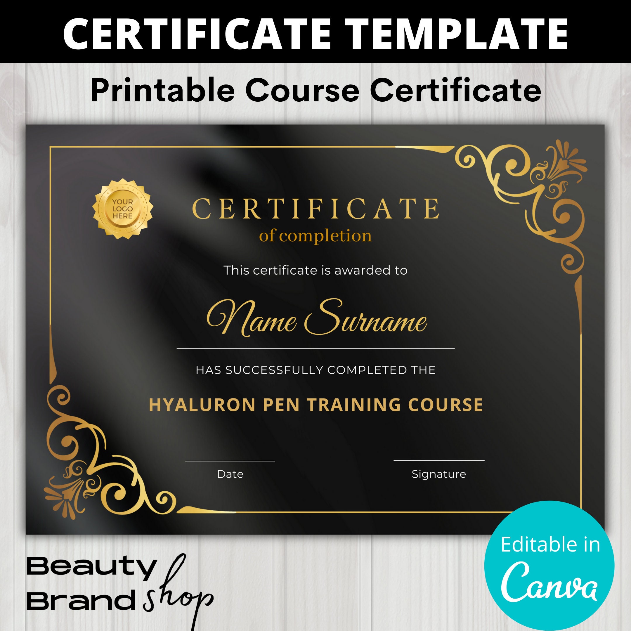 Certificate Template, Editable Certificate of Completion, Black & Gold ...
