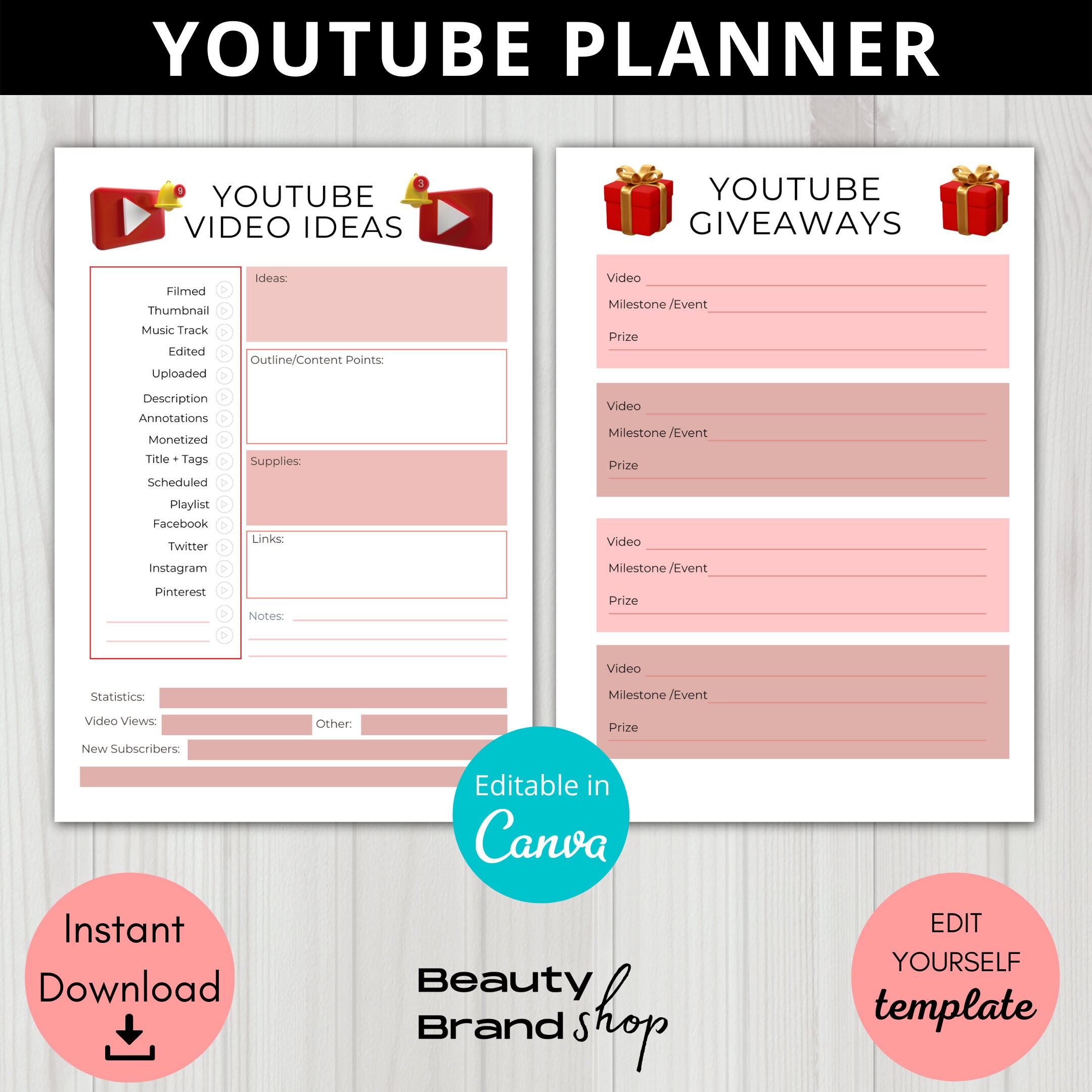 Youtube Planner Youtube Content Planner Social Media - Etsy