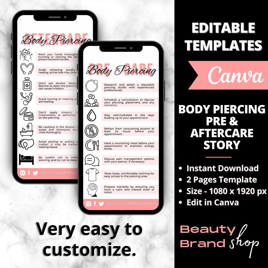 Body Piercing Pre & Aftercare Story, Body Piercing Care Card, Piercing ...