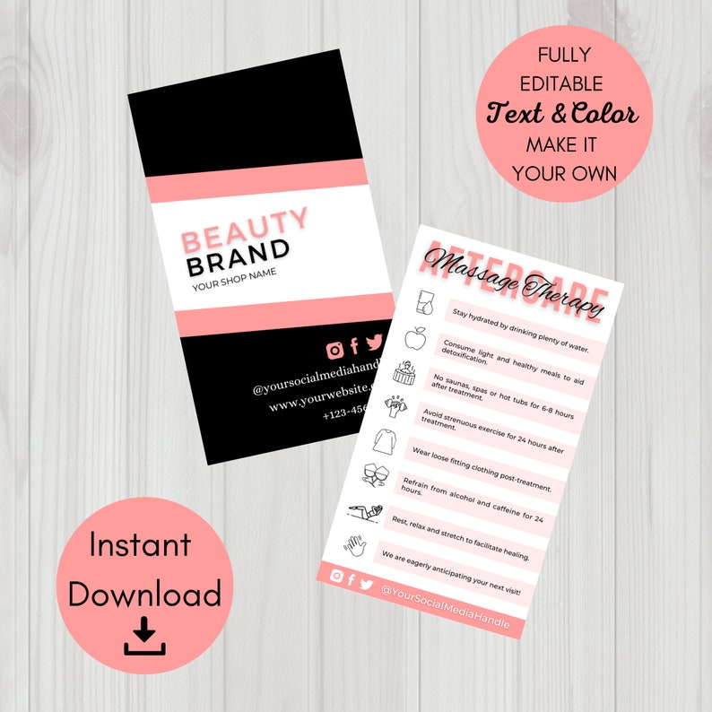 Editable Massage Aftercare Card Template, Massage Therapy Cards for ...