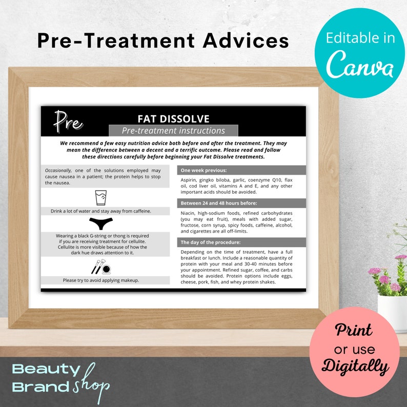 Pre-treatment Advices, Pre Care Card, Fat Dissolving Form, Fat Dissolve ...