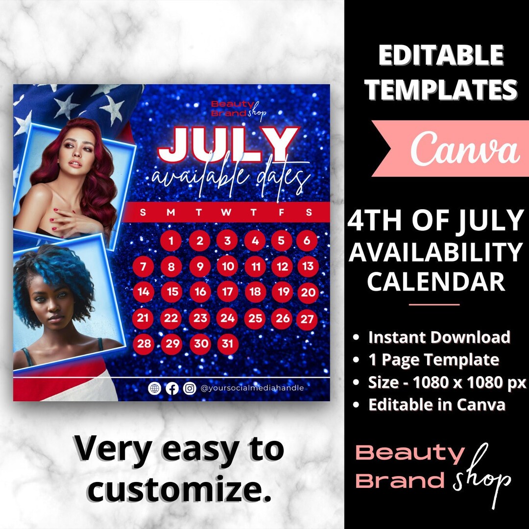 4th of July Availability Calendar, DIY Flyer Template, Appointment ...