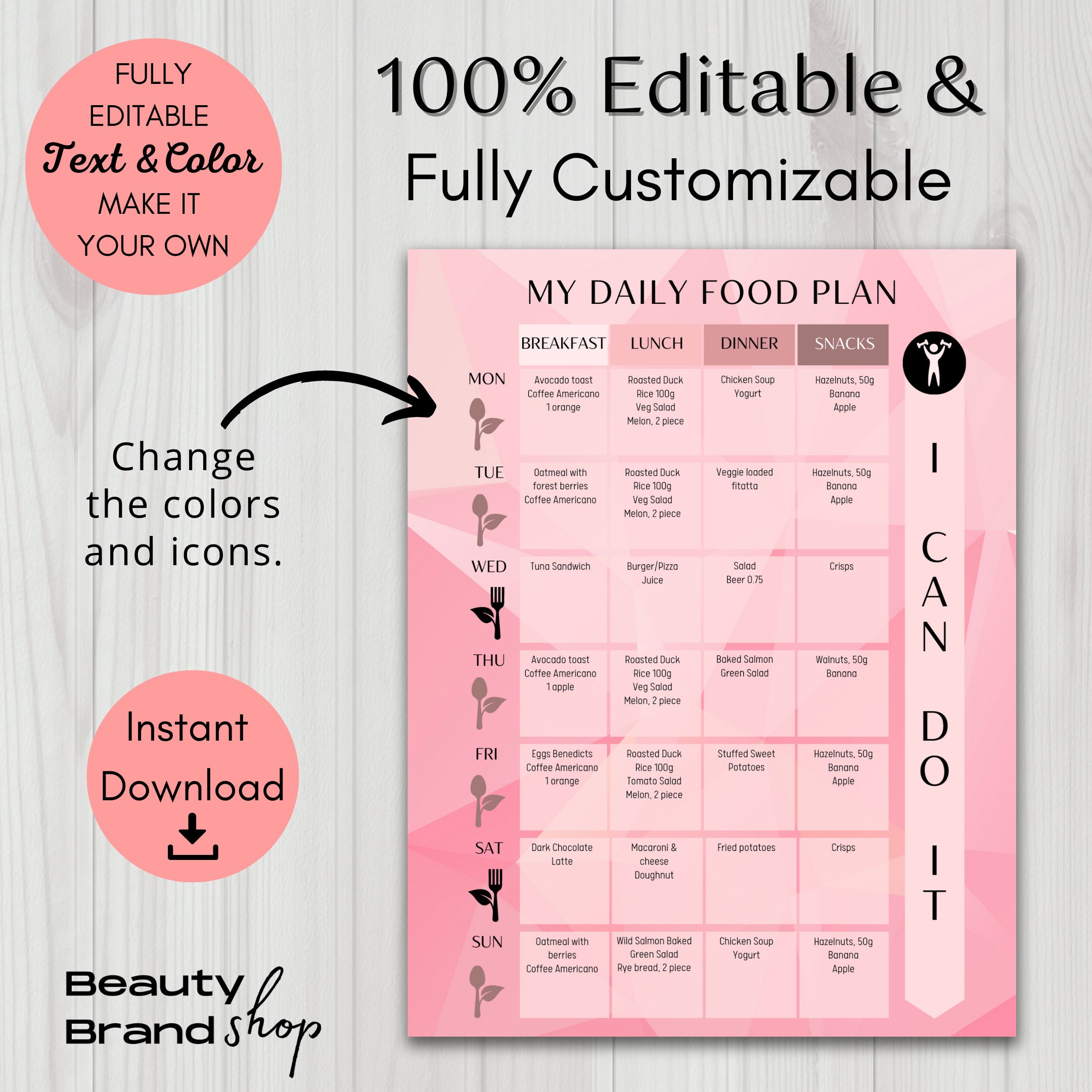 Healthy Diet Daily Food Planner Template Editable Daily Meal - Etsy