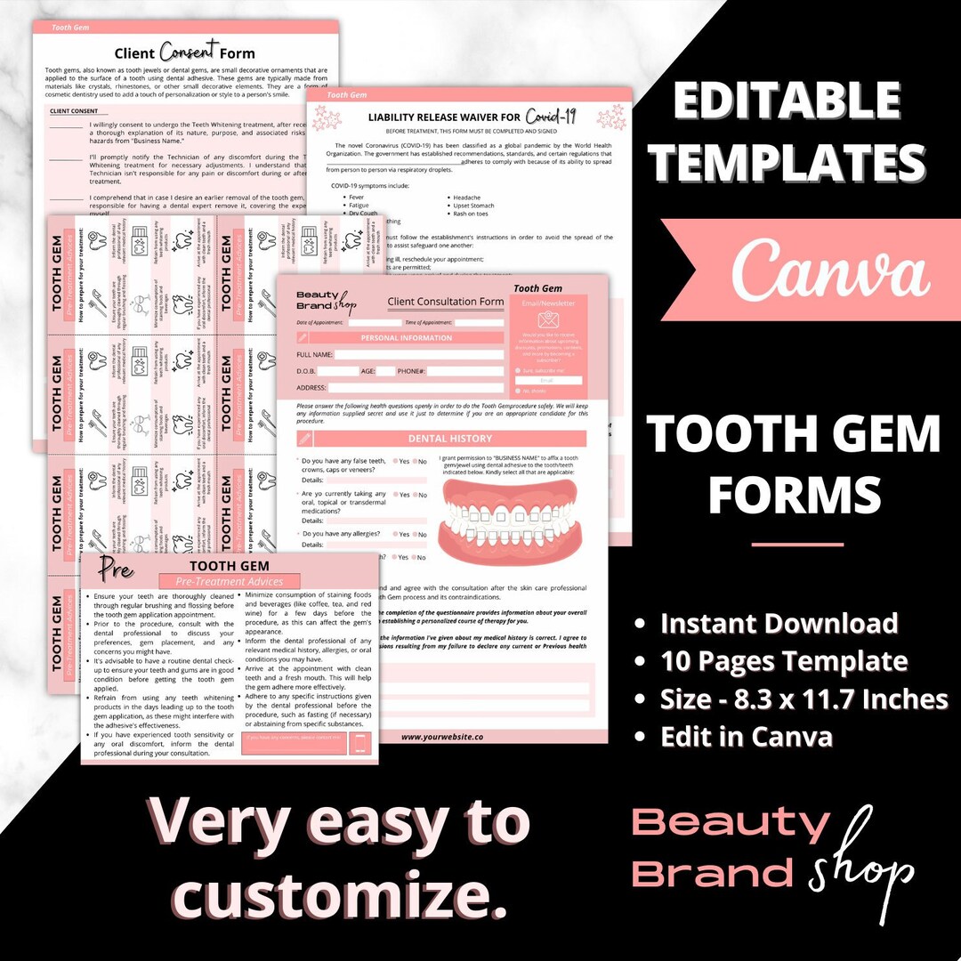 Editable Tooth Gem Form, Tooth Gem Waiver and Intake Form, Tooth Jewel ...