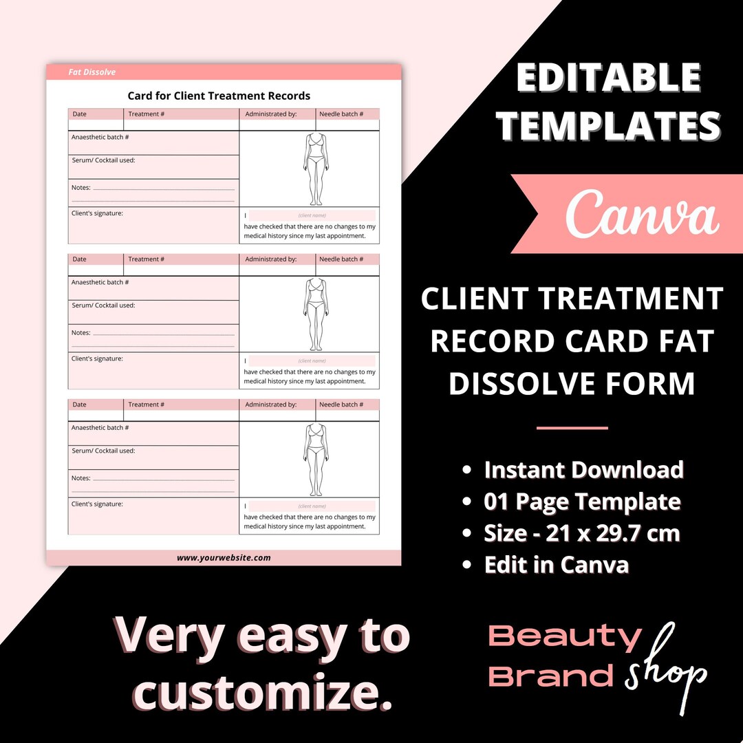 Client Treatment Record Card, Editable Fat Dissolve Forms, Client ...