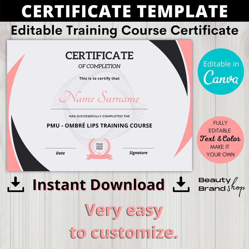 Completion Certificate Template Customizable Certificate of - Etsy