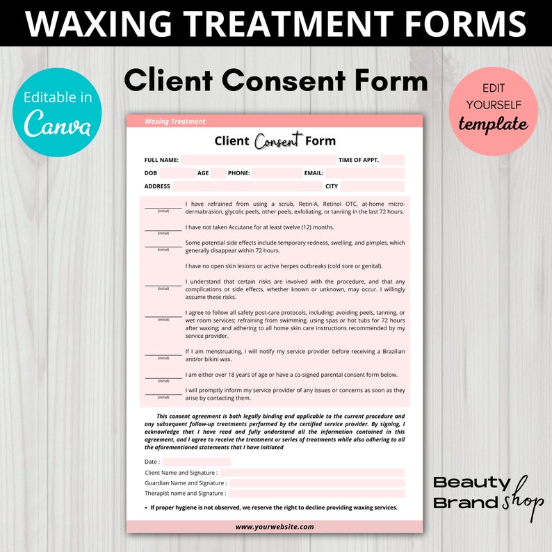Waxing Treatment Client Intake Forms, Waxing Forms, Waxing Consultation ...