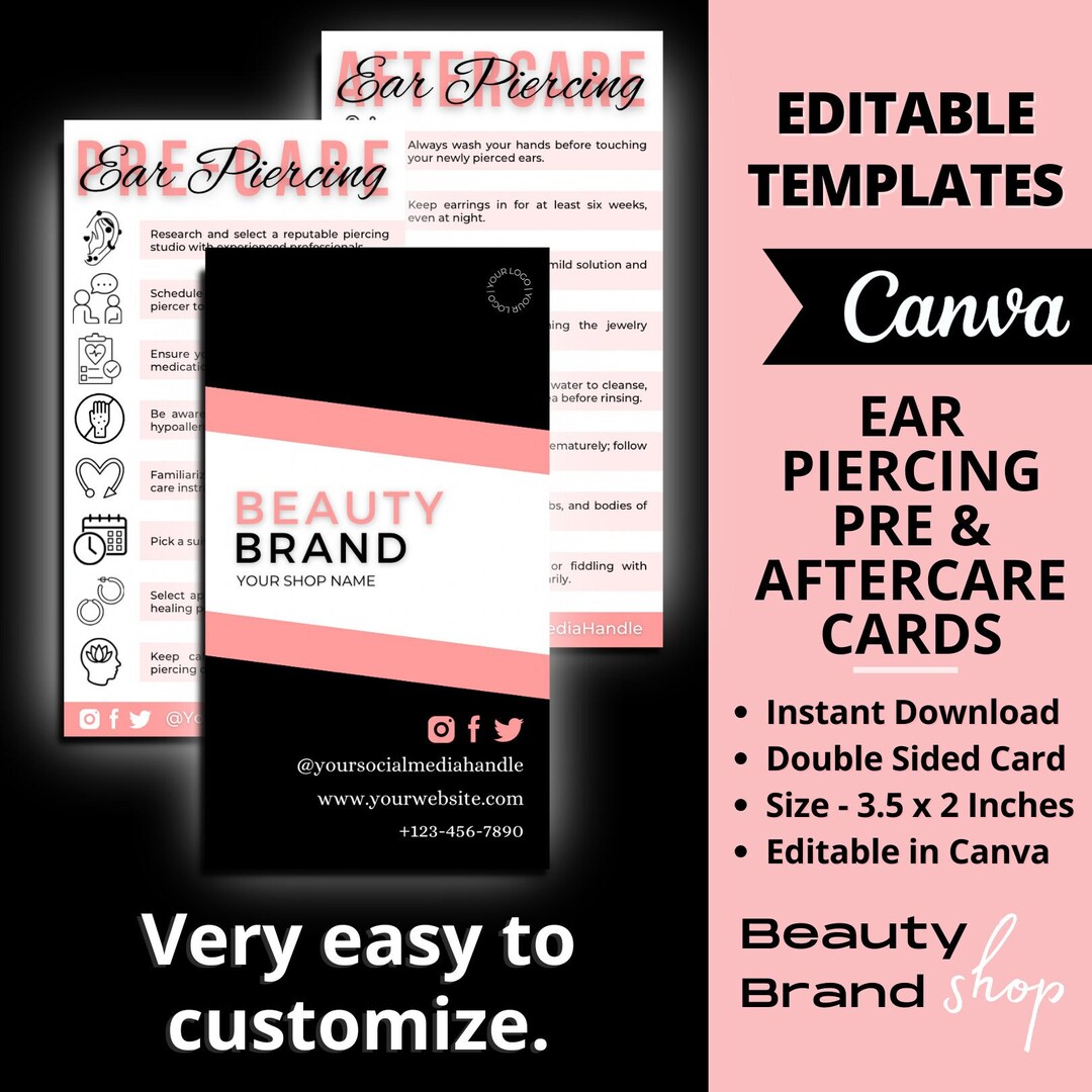 Ear Piercing Aftercare Template, Editable Piercing Guide Card, Piercing ...