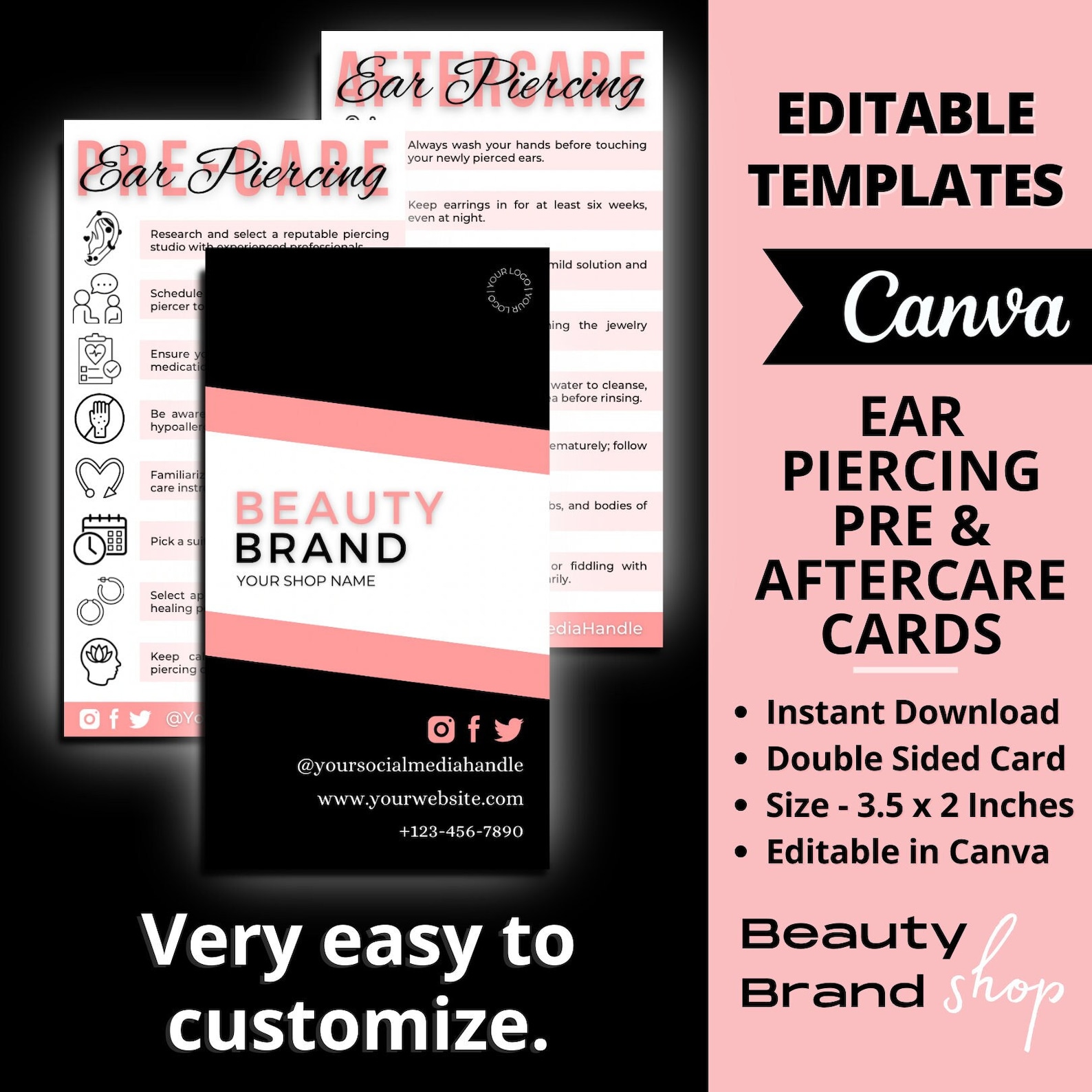 Ear Piercing Aftercare Template, Editable Piercing Guide Card, Piercing ...