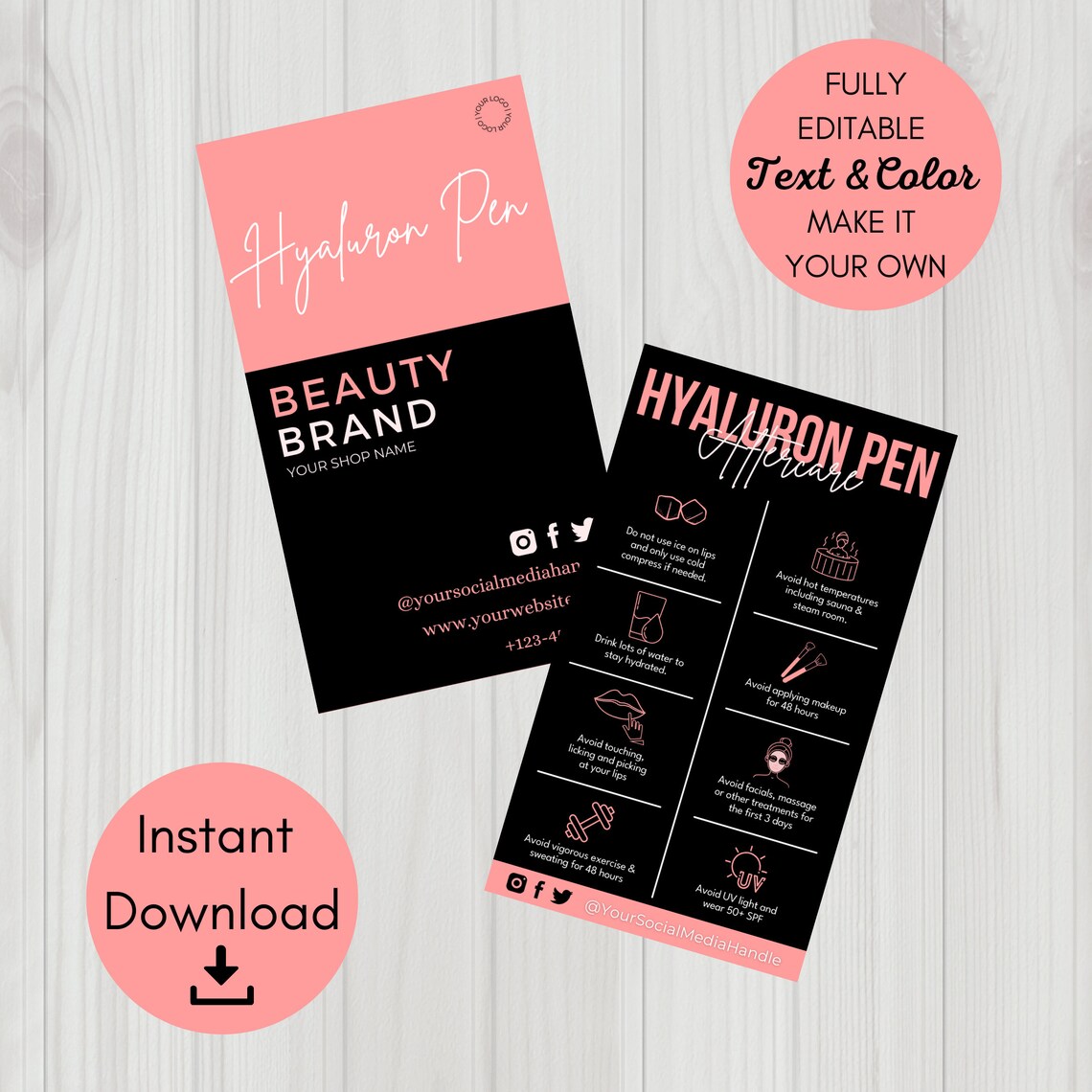 Editable Hyaluron Pen Aftercare Cards, Needleless Lip Filler Post Care ...