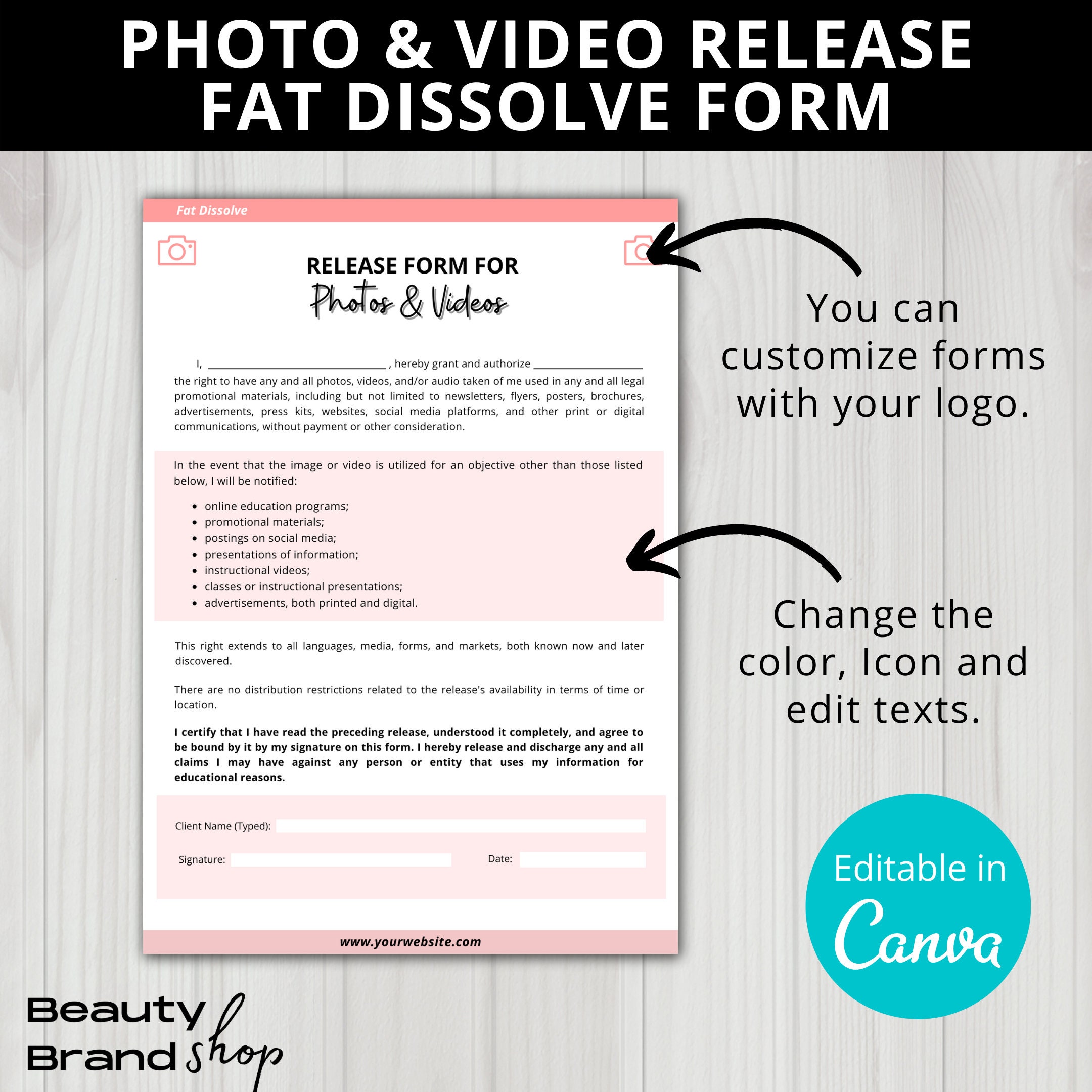 Photo & Video Release Forms, Editable Fat Dissolving Forms ...