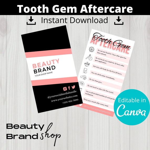 Editable Tooth Gem Aftercare Card Teeth Crystals Care Card | Etsy