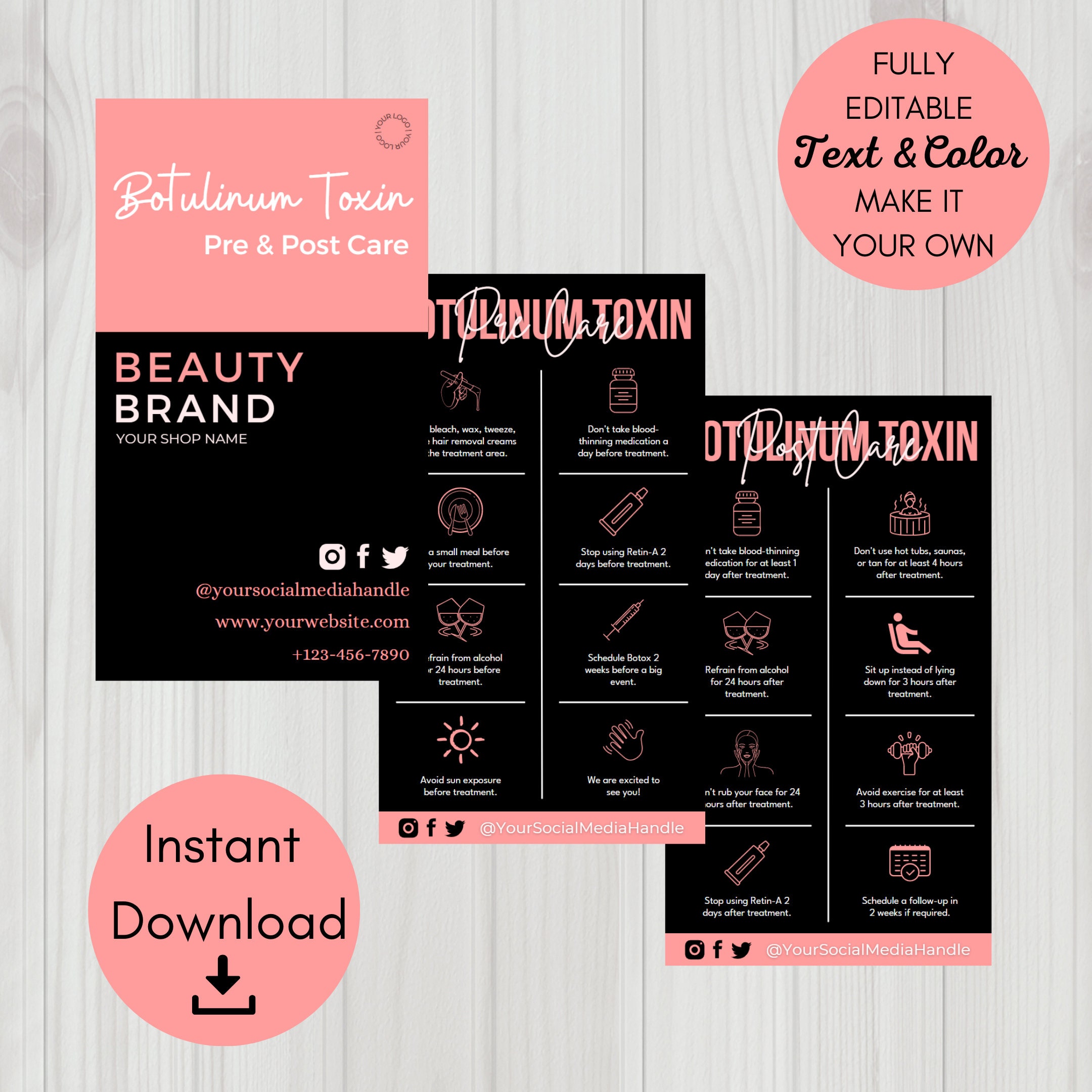 Botulinum Toxin Aftercare Card Templates, Botulinum Toxin Pre Care and ...