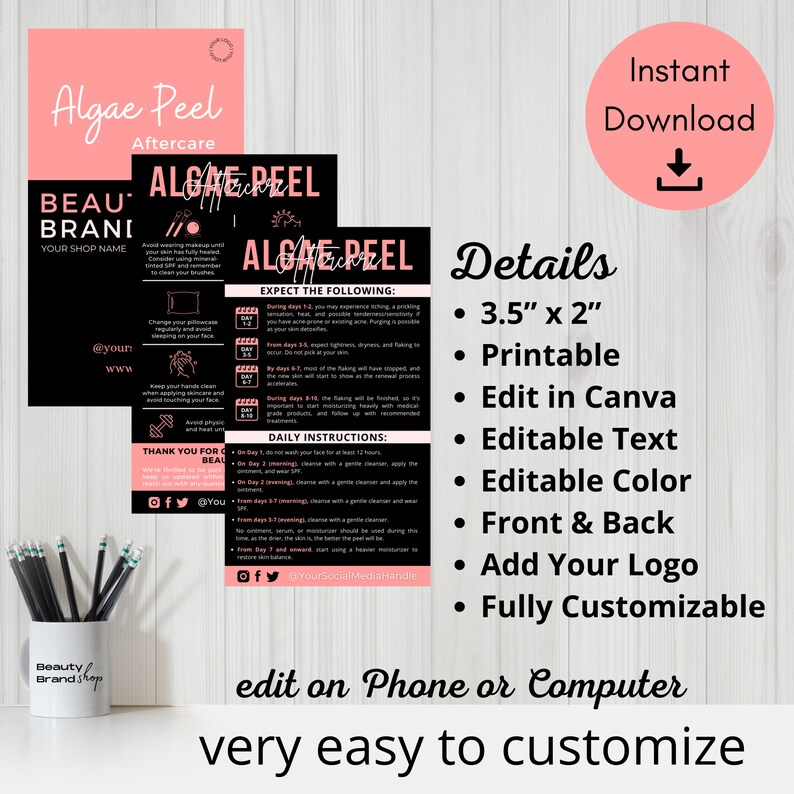 Editable Algae Peel Aftercare Cards, Algae Face Peel Pre Care Cards ...