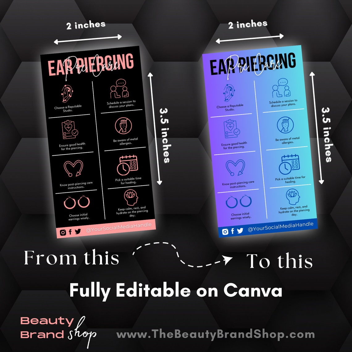 Ear Piercing Aftercare Template, Editable Piercing Guide Card, Piercing ...