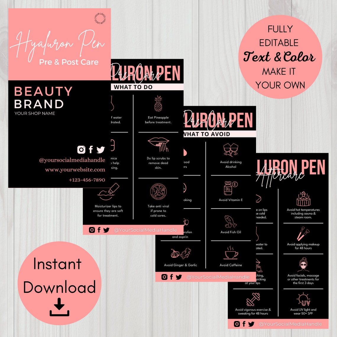 Editable Hyaluron Pen Pre and Post Care Cards, Hyaluronic Pre-care ...