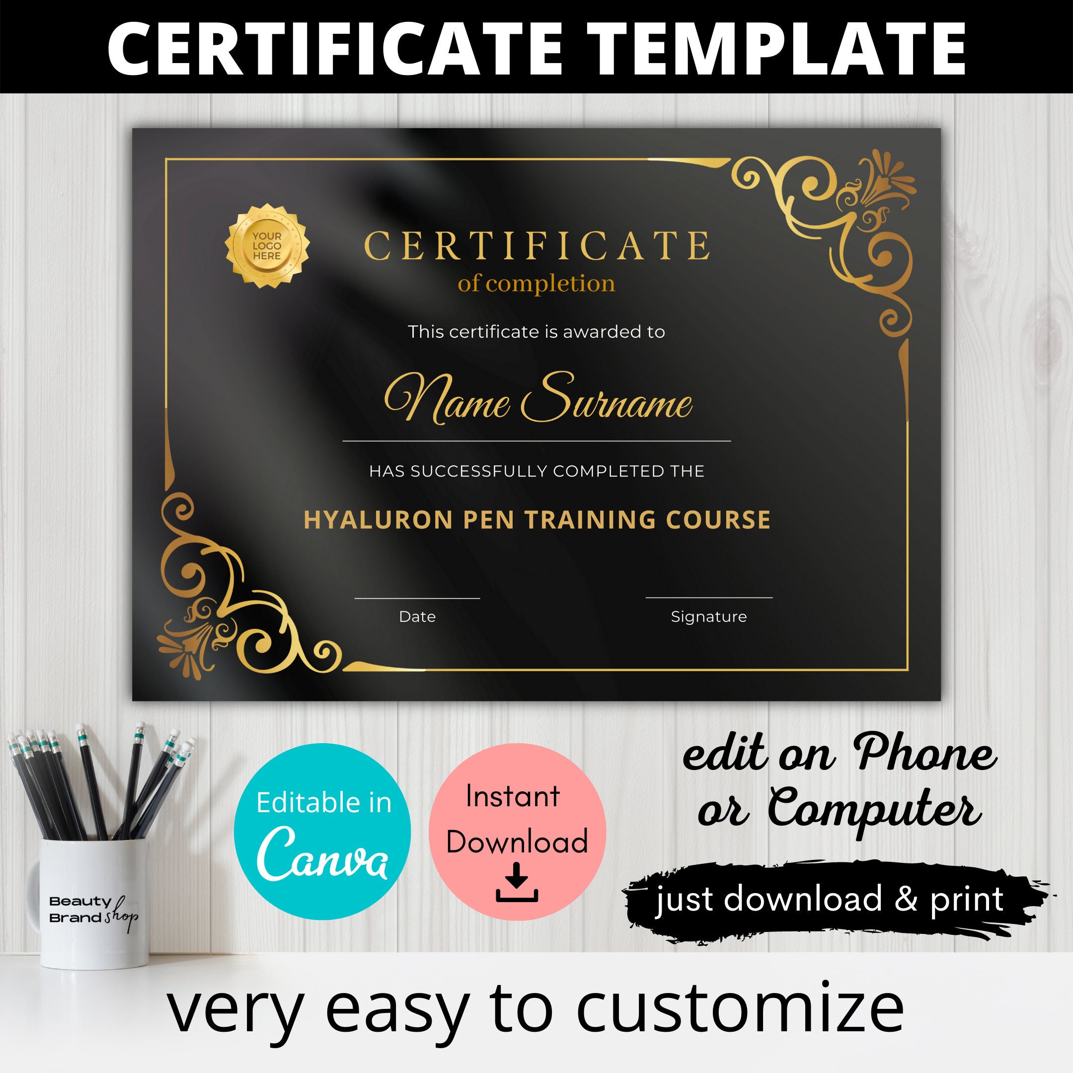 Certificate Template, Editable Certificate of Completion, Black & Gold ...