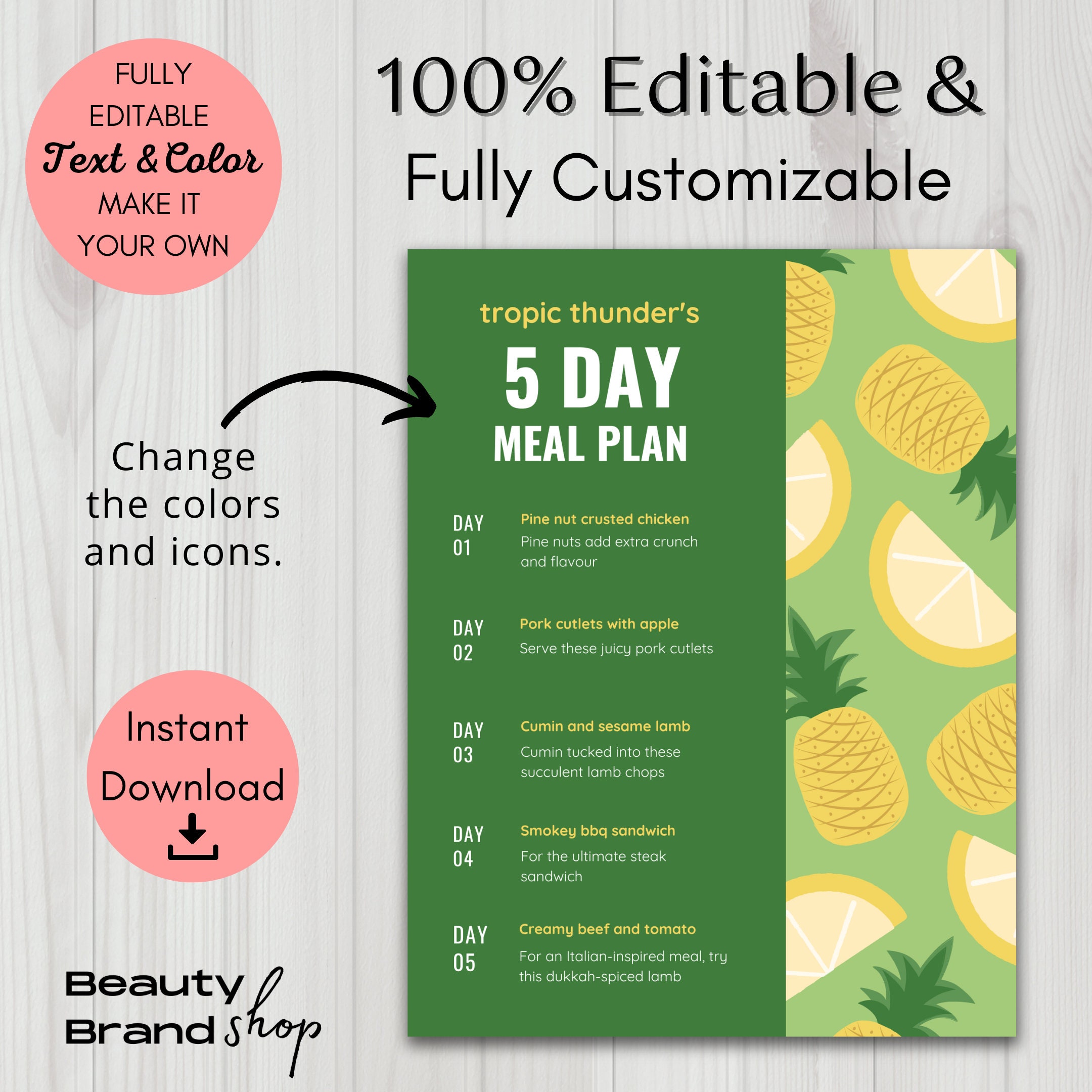 5 Day Meal Planner, Editable Tropic Thunders Meal Planner, Meal ...