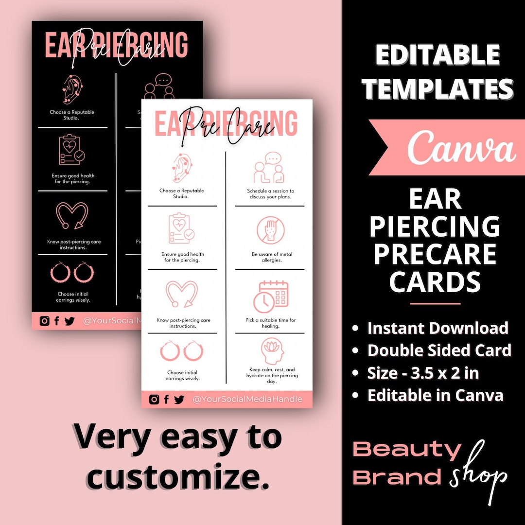 Ear Piercing Aftercare Template, Editable Piercing Guide Card, Piercing ...
