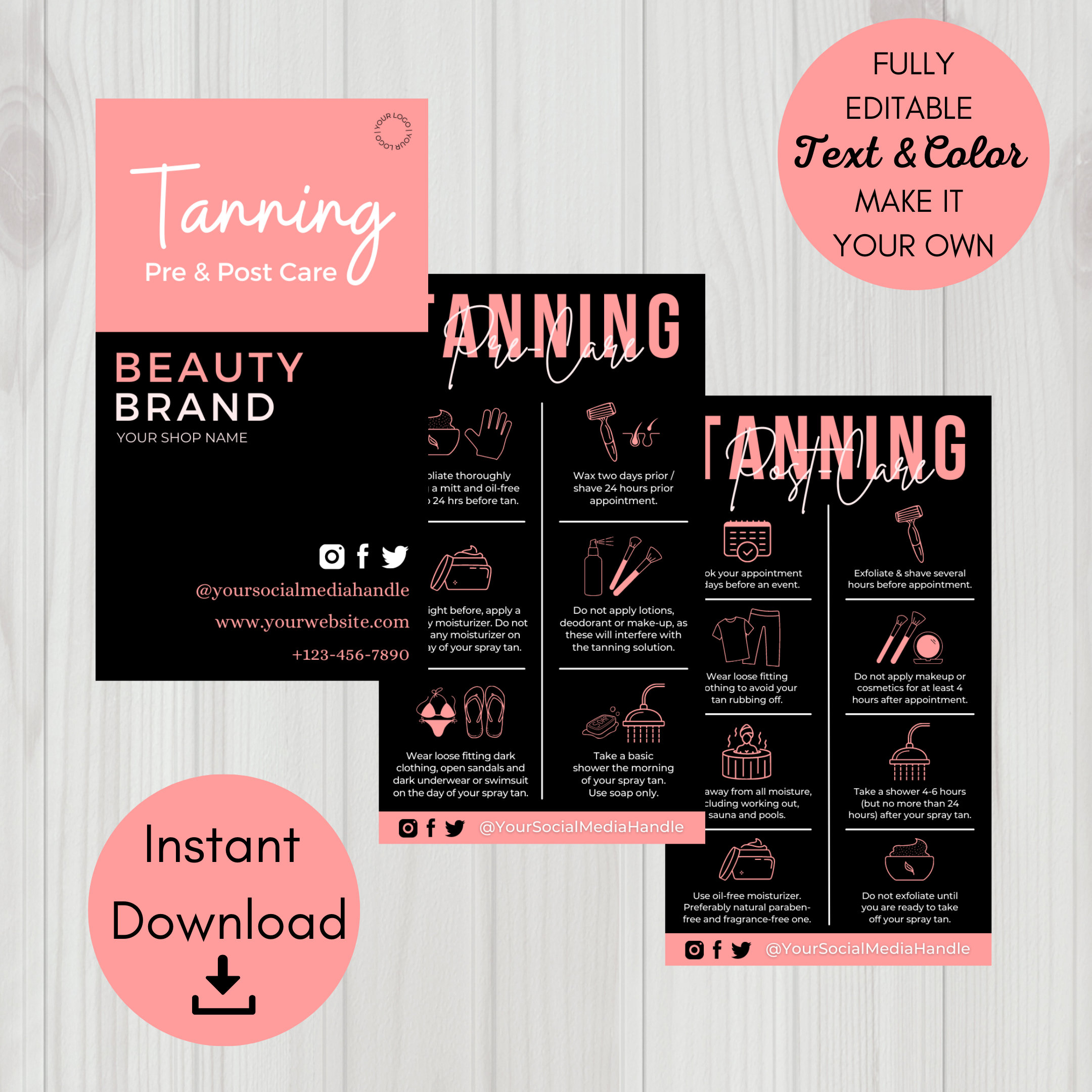 Spray Tanning Pre & Post Care Cards Templates, Spray Tan Aftercare ...