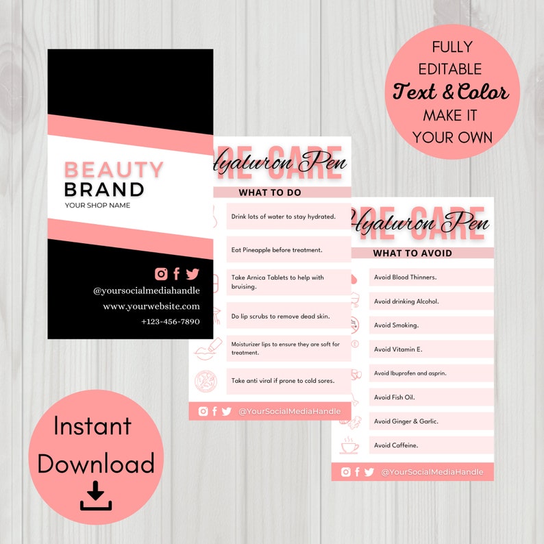 Hyaluron Pen Pre Care Card Template, Needleless Lip Filler Post Care ...