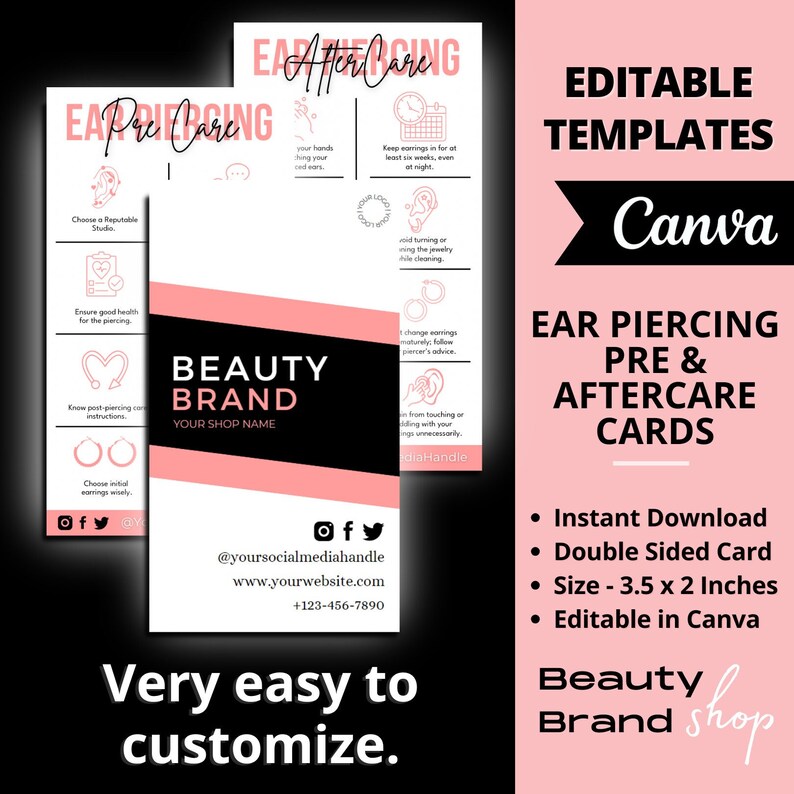 Ear Piercing Aftercare Template, Editable Piercing Guide Card, Piercing ...