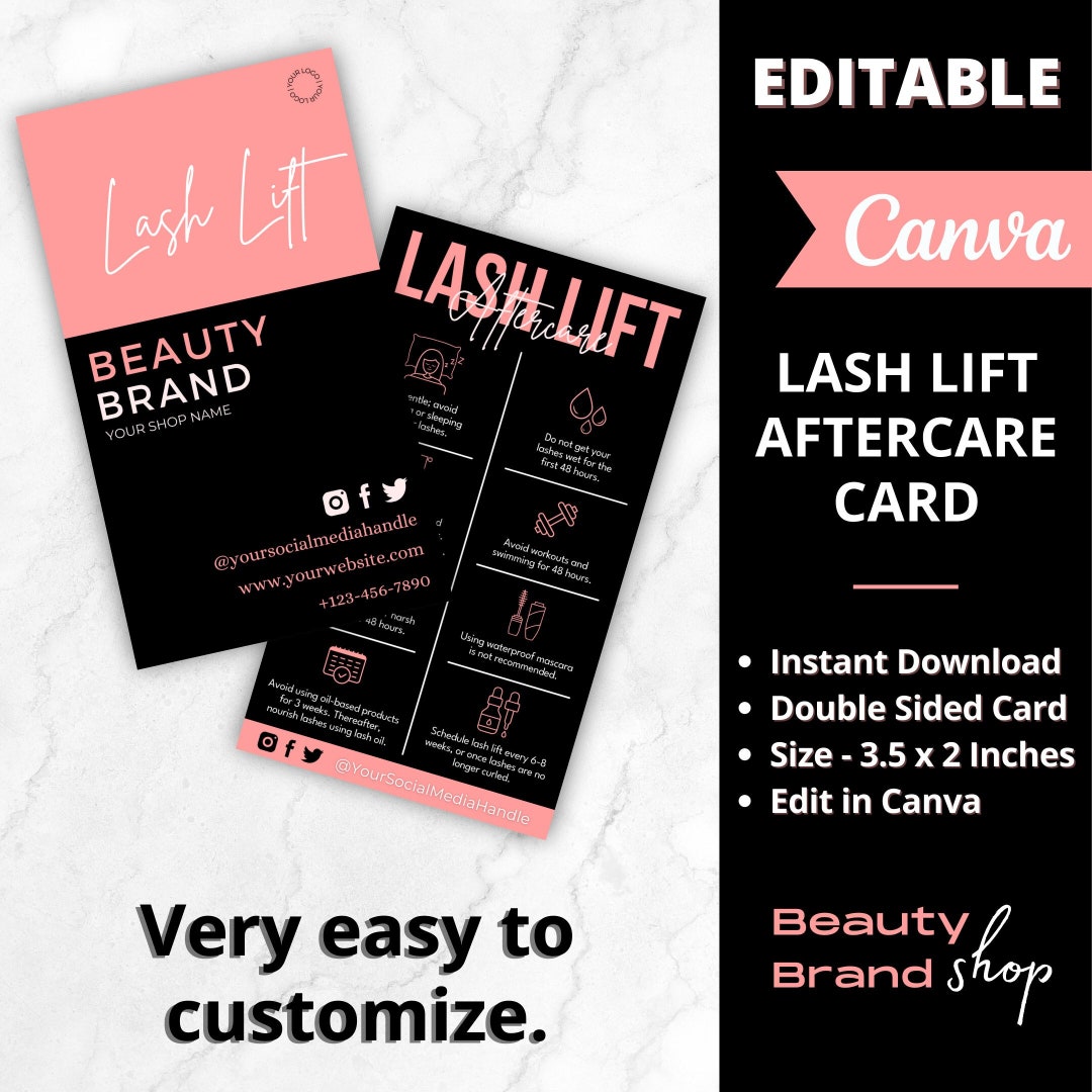 Lash Lift Aftercare Card Template, Editable Eyelash Care Guide, Lash ...