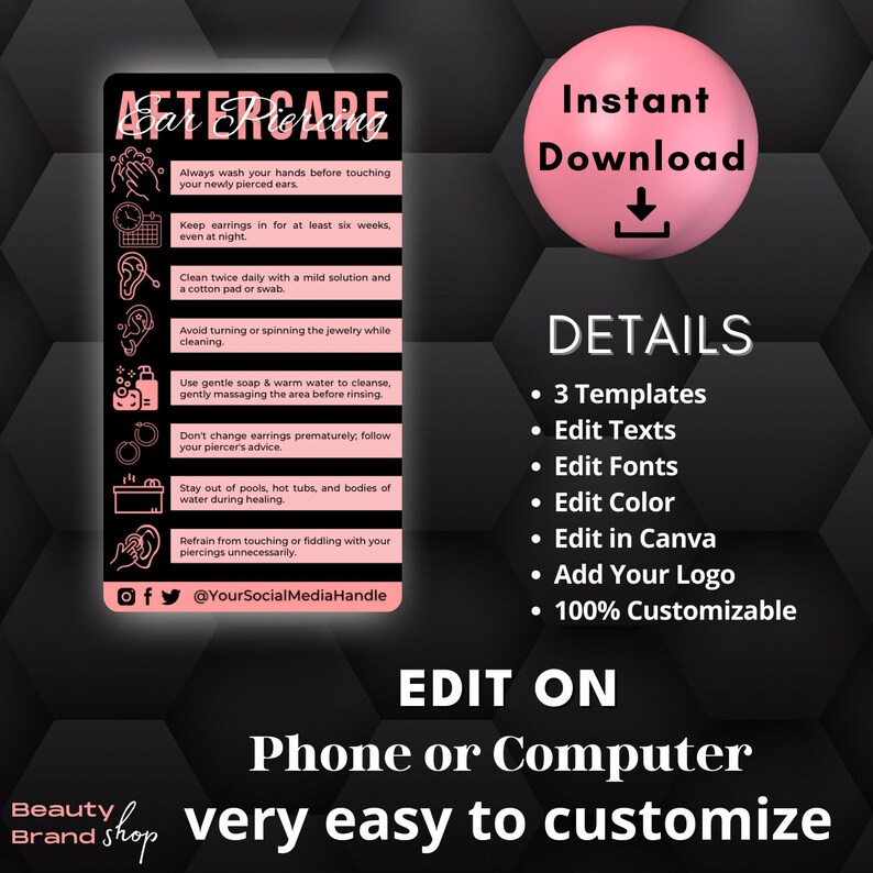 Ear Piercing Aftercare Template Editable Piercing Guide Card - Etsy