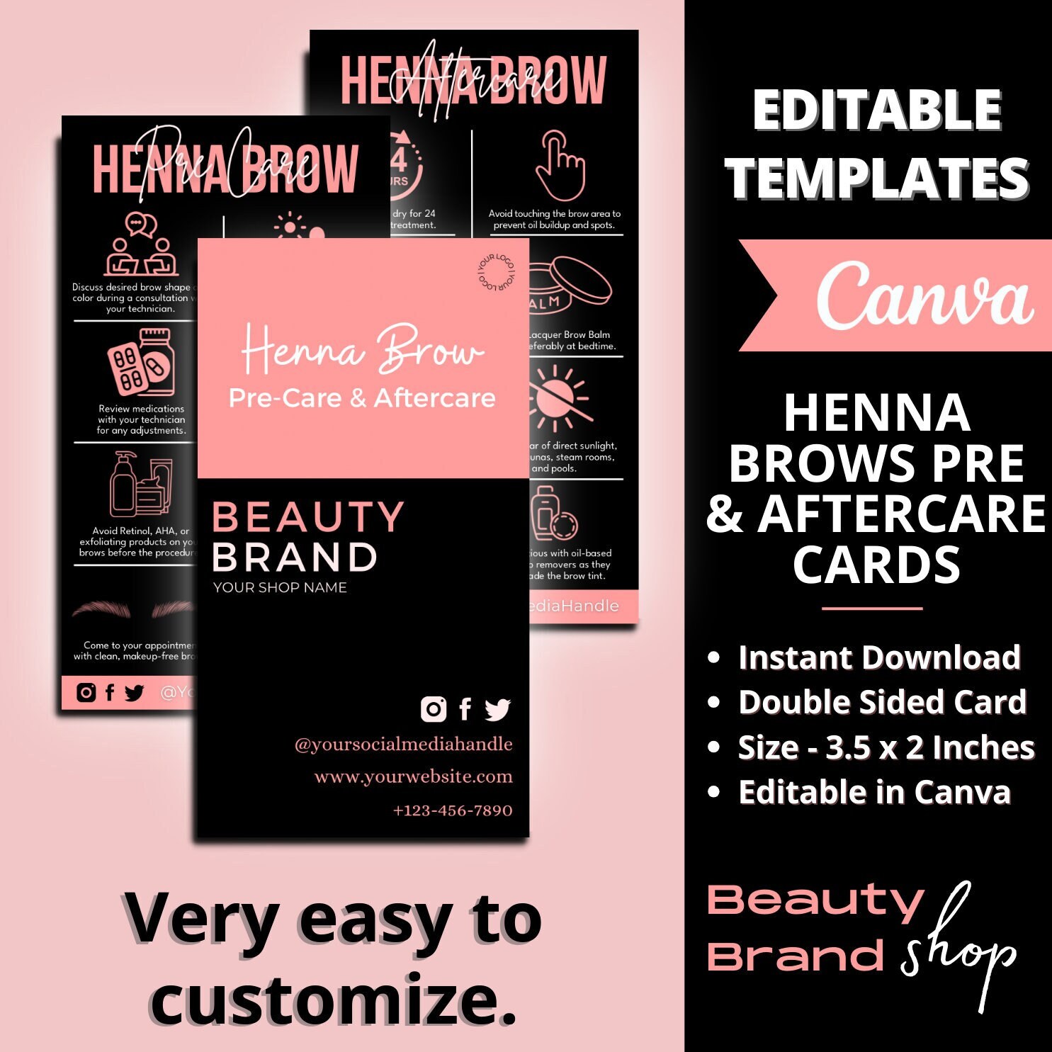 Henna Brows Aftercare Card Template, Editable Ombre Henna Brow Business ...