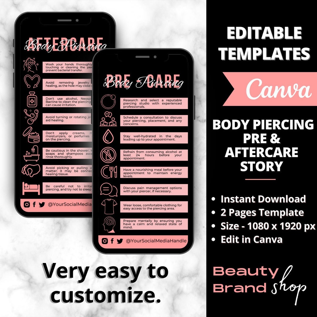 Body Piercing Pre & Aftercare Story, Body Piercing Care Card, Piercing ...