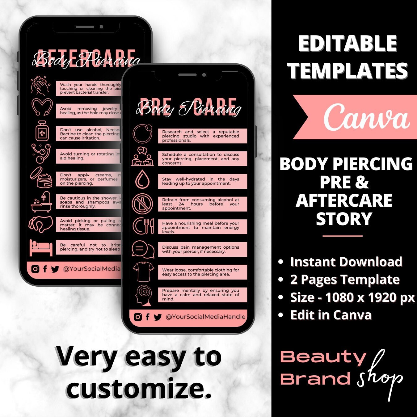 Body Piercing Pre & Aftercare Story, Body Piercing Care Card, Piercing ...