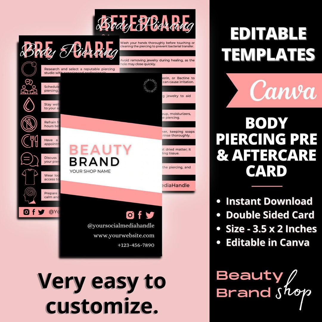 Body Piercing Aftercare Card, Body Piercing Care Card, Piercing After ...