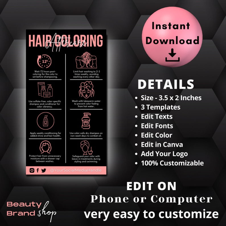Editable Colored Hair Care Card Template, Dyed Hair Aftercare ...