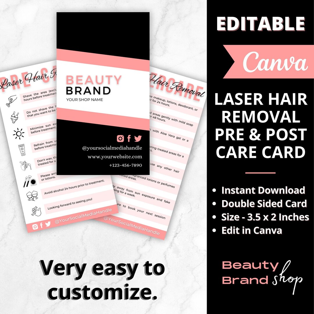 Editable Laser Hair Removal Pre and Post Care Card Template, Hair ...