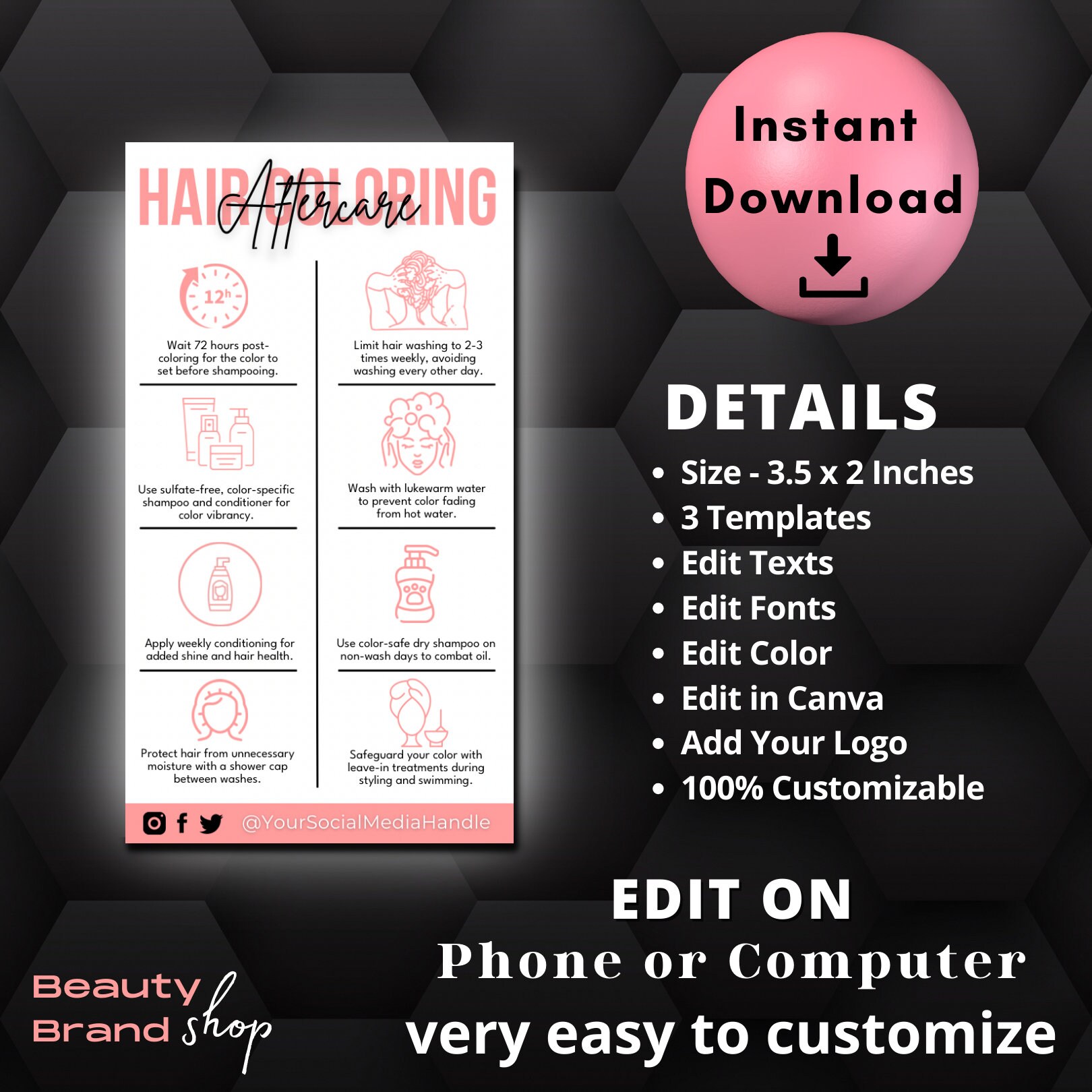 Editable Colored Hair Care Card Template, Dyed Hair Aftercare ...