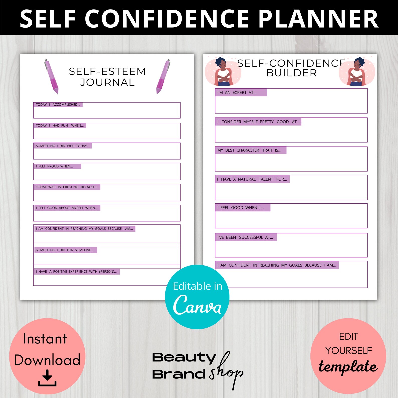 Self Confidence Planner, Self Confidence Journal, Motivation Template ...