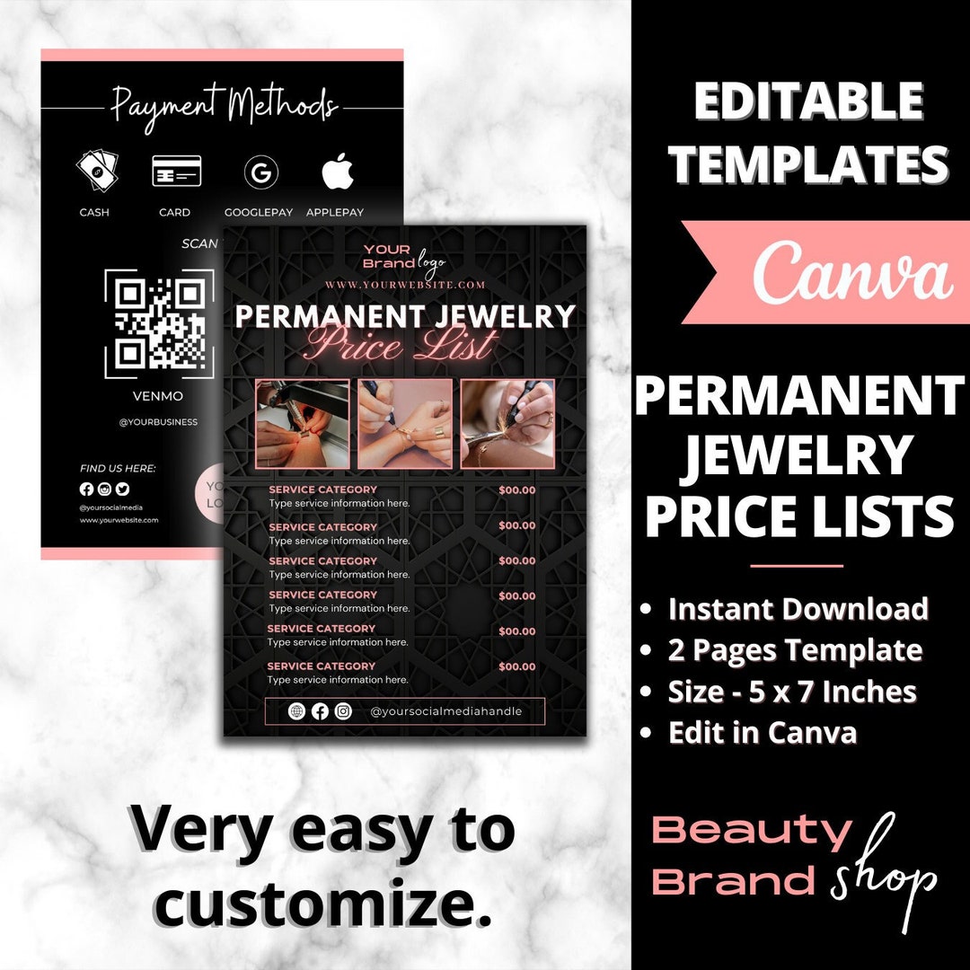 Editable Permanent Jewelry Price Lists, Printable Price List Design ...
