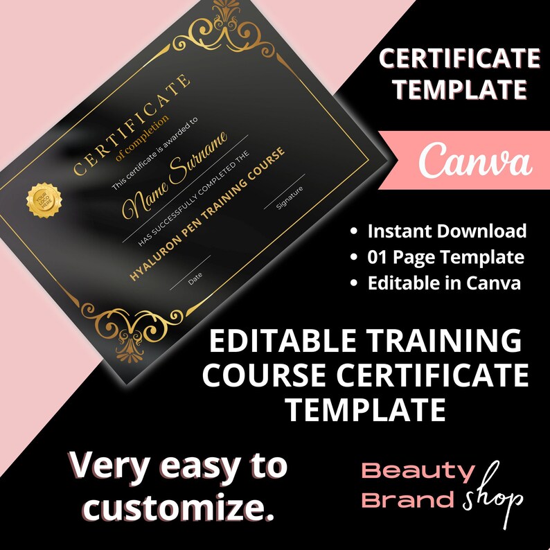 Certificate Template, Editable Certificate of Completion, Black & Gold ...