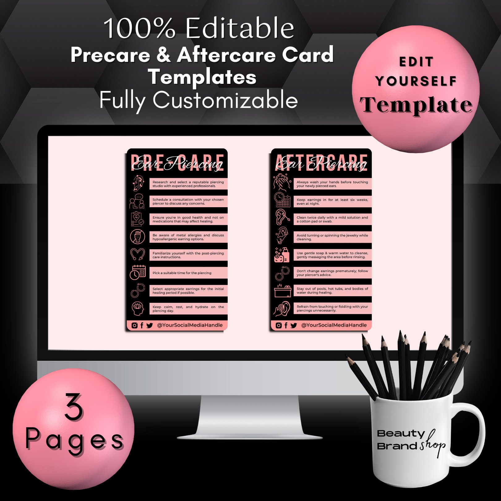 Ear Piercing Aftercare Template Editable Piercing Guide Card - Etsy