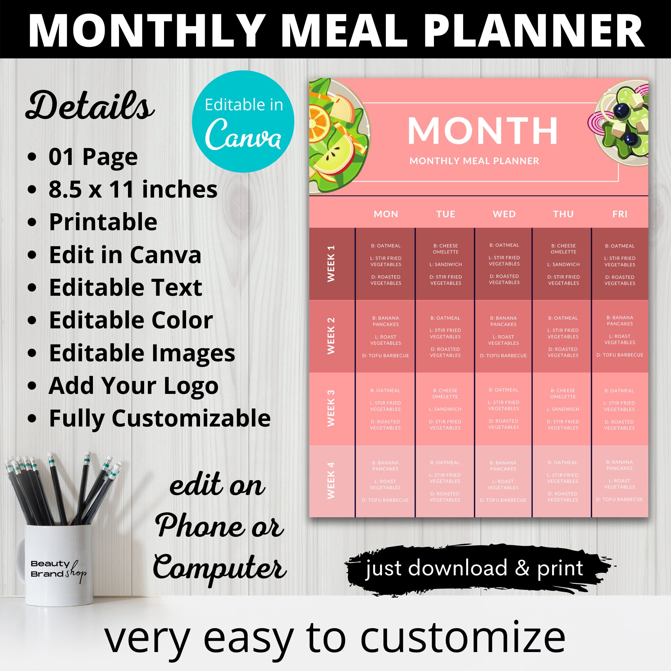 Editable Monthly Meal Planner, Printable 4 Week Meal Planner, Digital ...